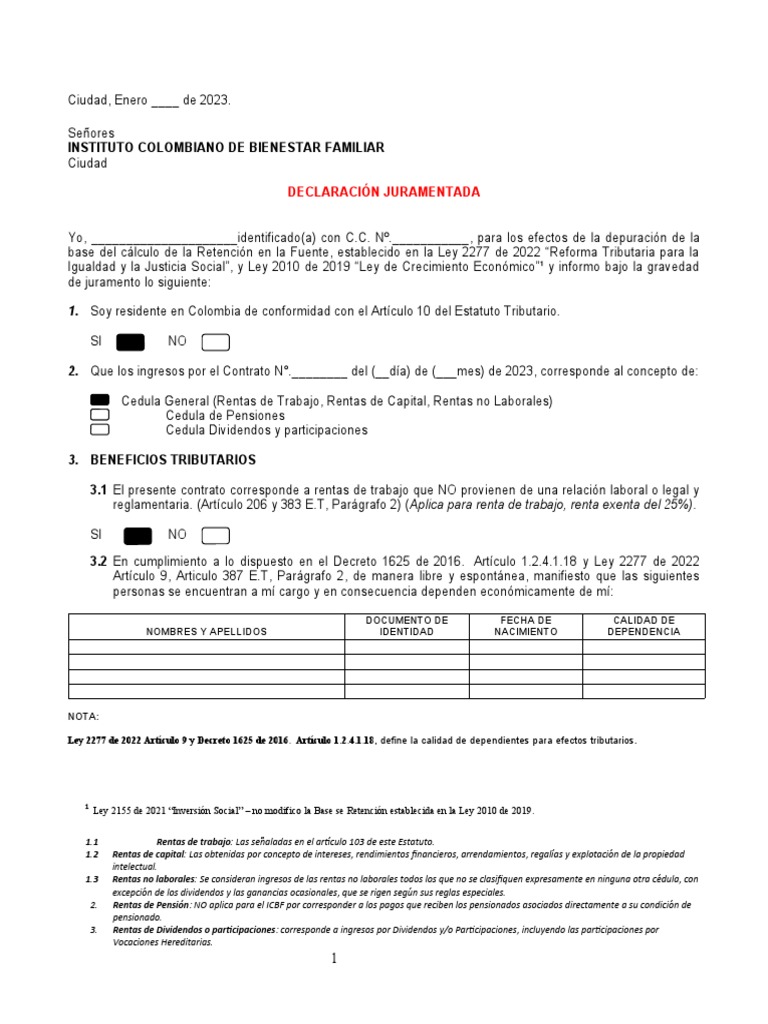 Declaracion Juramentada 2023 | PDF | Contribuyente | Dividendo
