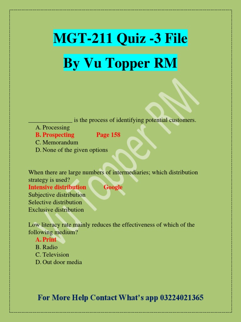 MGT-211 Quiz-3 by Vu Topper RM | PDF | Sales | Marketing