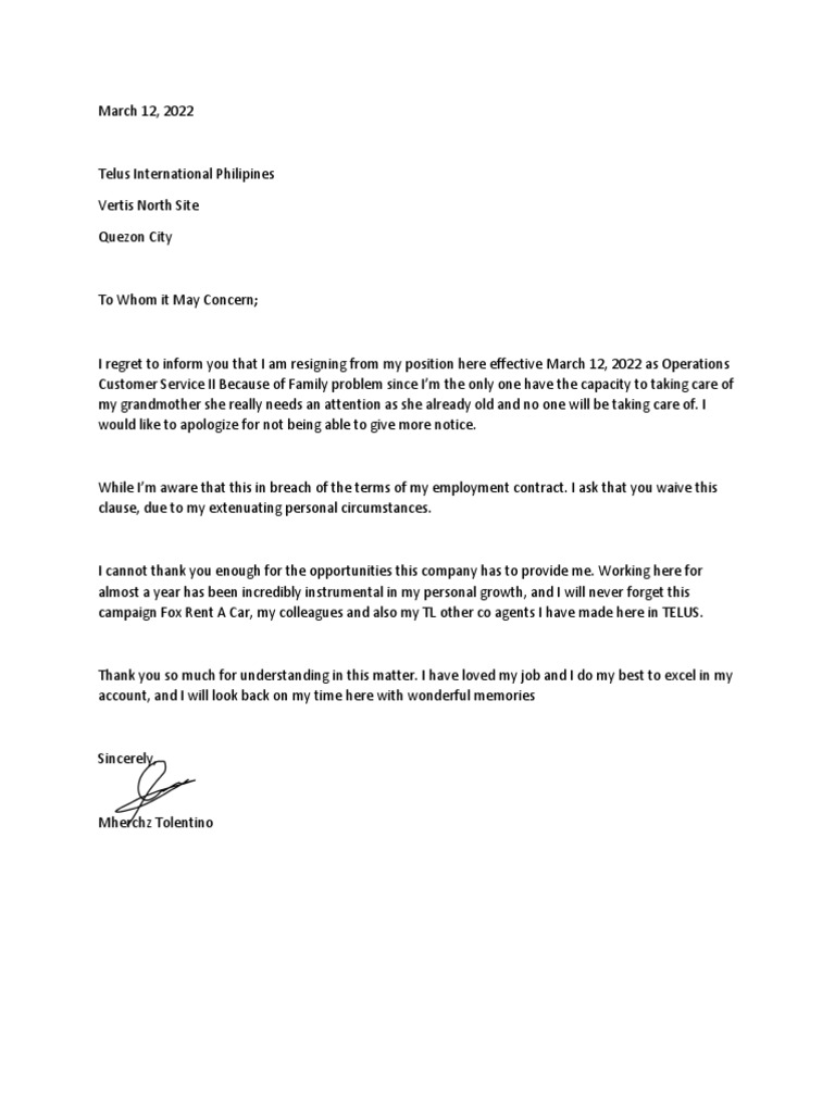 Telus Resignation Letter PDF | PDF