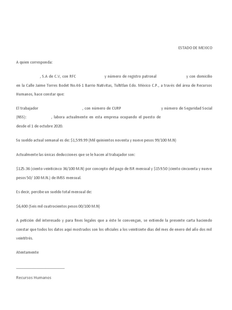 Carta Patronal para IMSS y Sueldo Actual | PDF | Derecho
