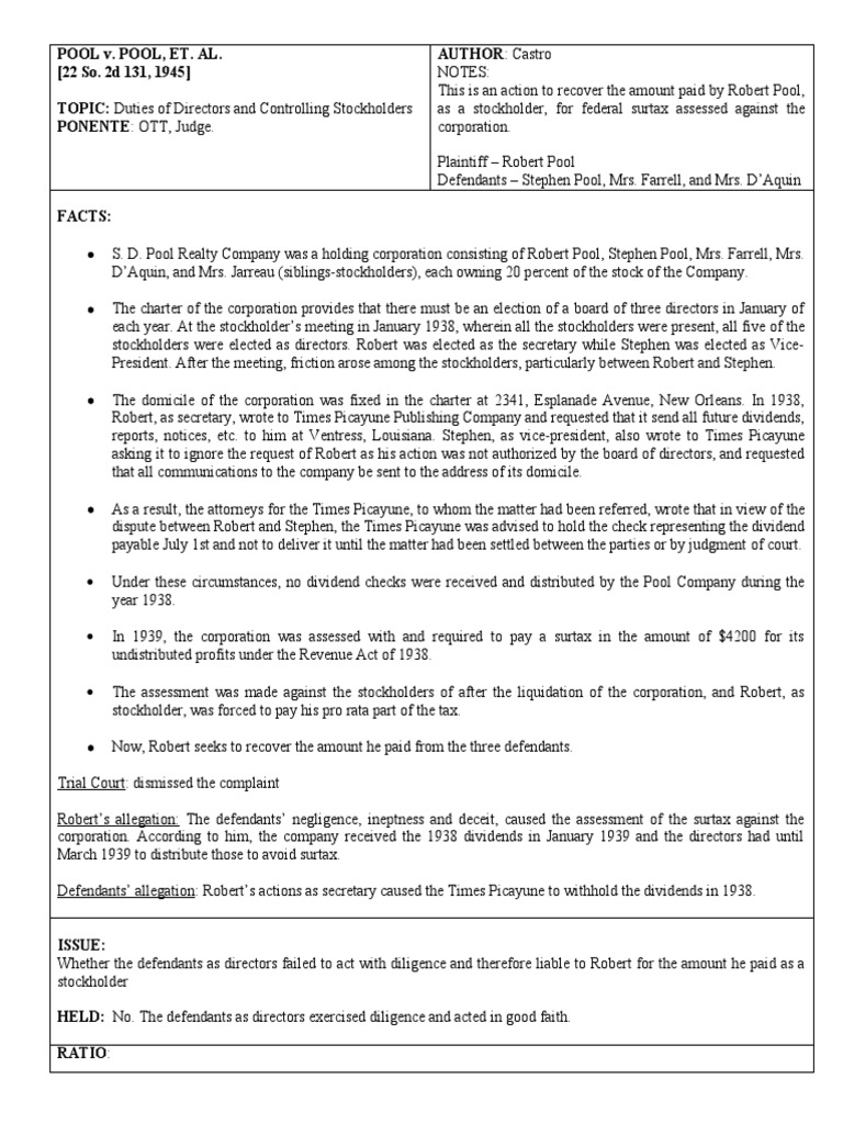 118 Pool v. Pool, Et. Al. (Castro) | PDF | Dividend | Retained Earnings
