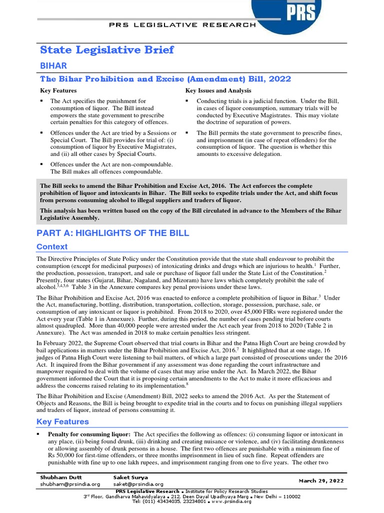 State Legislative Brief - Bihar Prohibition Amendment Bill, 2022 | PDF ...
