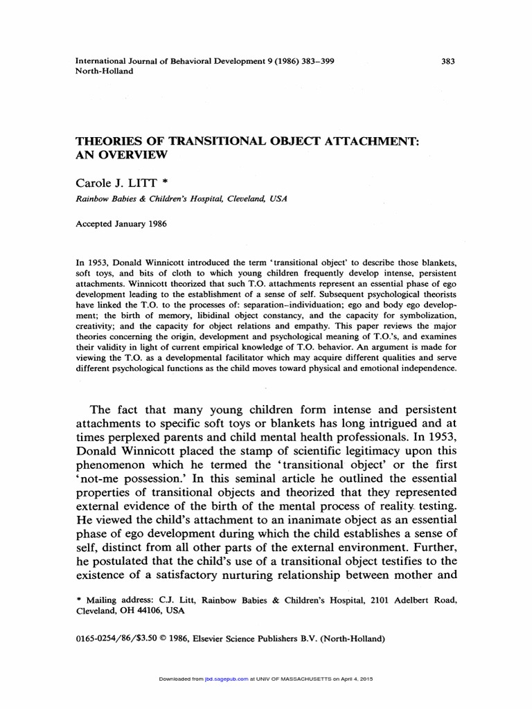 Litt 1986 Theories of Transitional Object Attachment An Overview | PDF