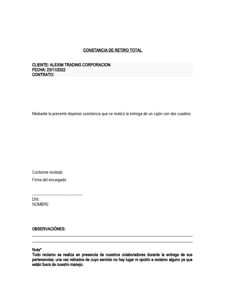 Constancia de Retiro Total | PDF