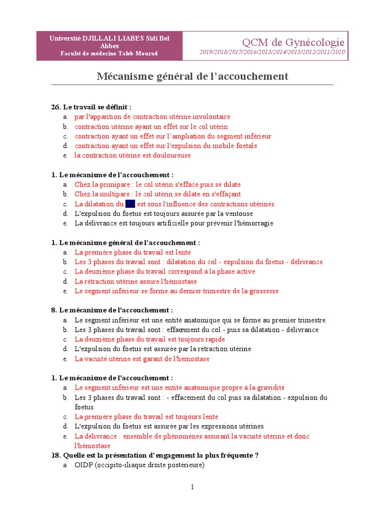 QCM 13 - Mécanisme Général de L'accouchement | PDF | Accouchement | Utérus