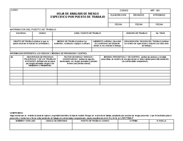 Hoja De Analisis De Riesgos Especificos Por Puesto De Trabajo Formato