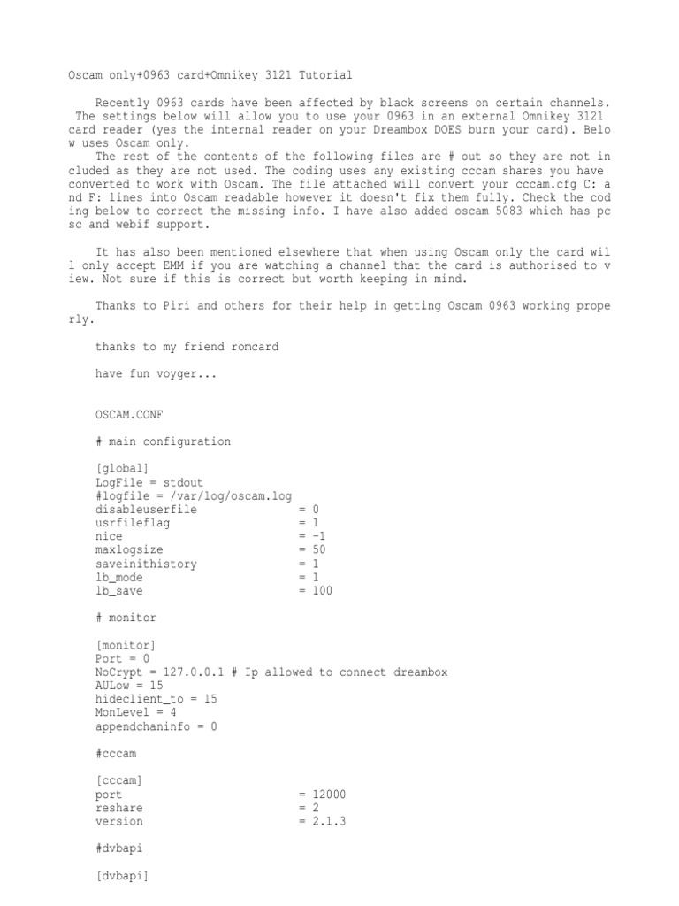 Oscam Setup for 0963 Cards with Omnikey | PDF | Computer Networking | Computer Architecture