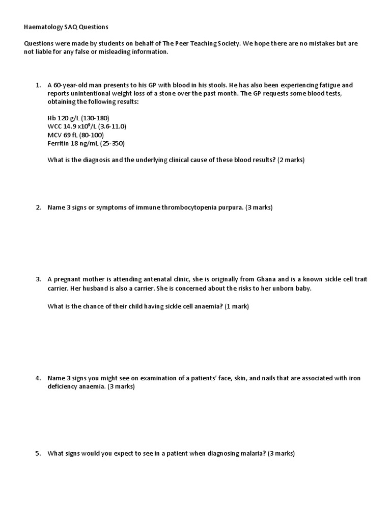 Hematology SAQ Insights and Diagnoses | PDF | Coagulation | Platelet