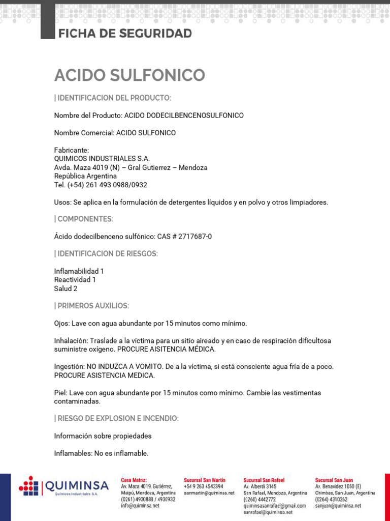 Acido Sulfonico Ficha de Seguridad | PDF | Agua | Quemar
