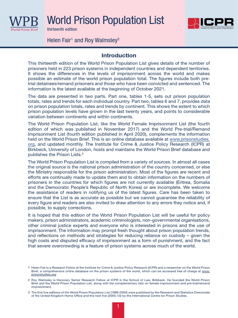 World Prison Population List 13th Edition | PDF | Prison | Remand ...
