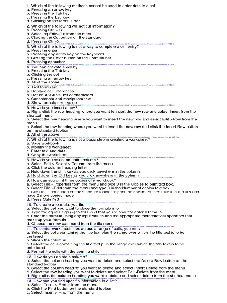 Excel MCQ Practice Questions Guide | PDF | Microsoft Excel | Multiple ...