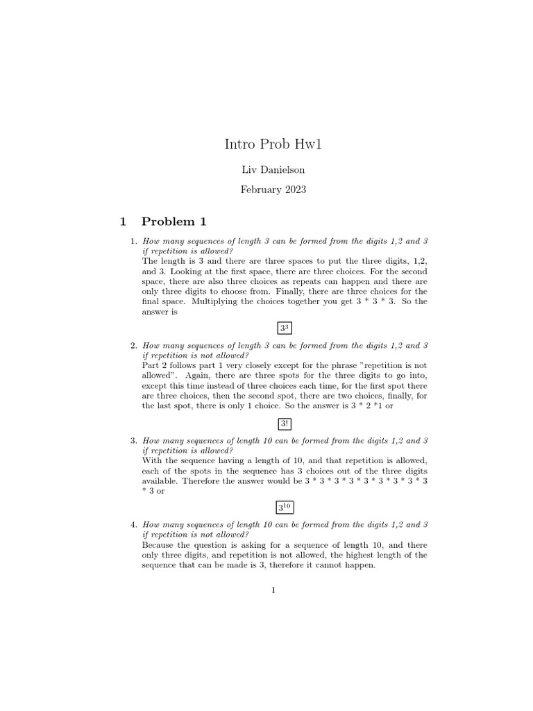 Intro Prob Hw1: 1 Problem 1 | PDF | Sandwich | Mathematical Concepts