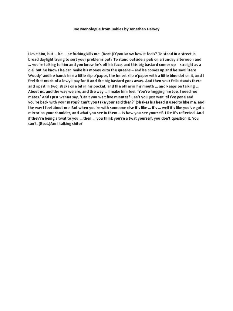 Joe Monologue From Babies by Jonathan Harvey | PDF