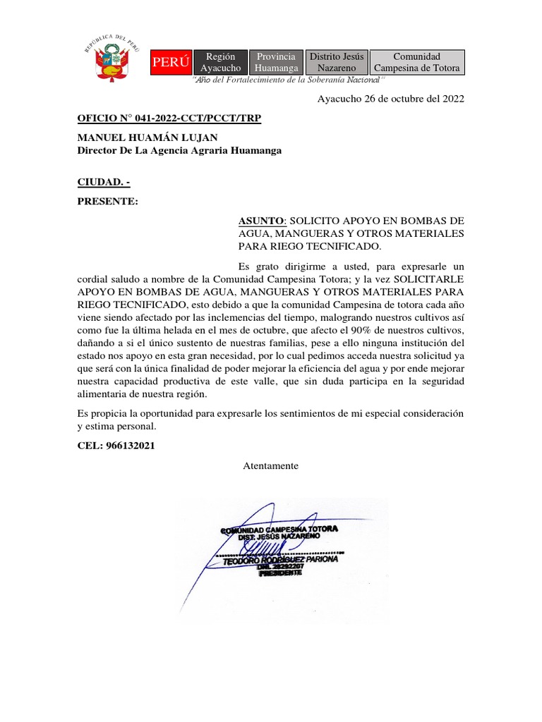Oficio N°041-2022 Agencia Agraria Huamanga - Solicito Mangeras | PDF