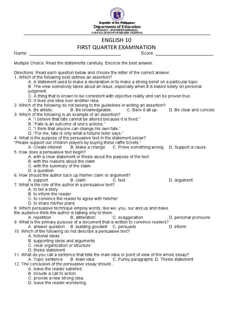 English 10 First Quarter Examination: Name: - Score | PDF | Definition ...
