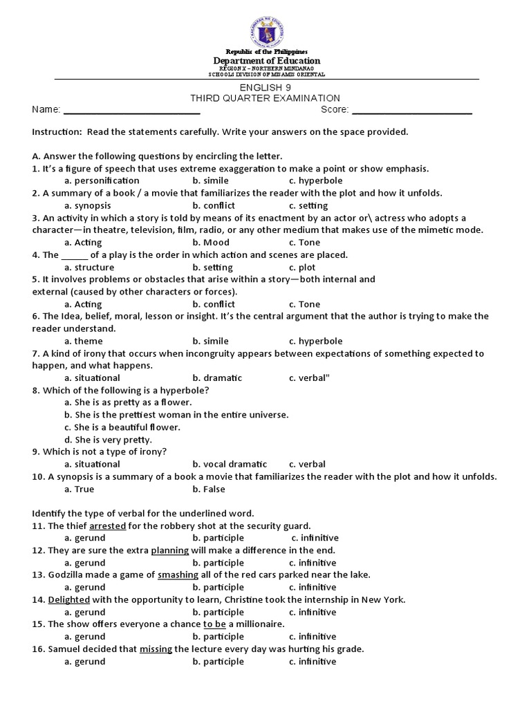 English 9 Third Quarter Examination Name: - Score | PDF | Play (Theatre) | Actor