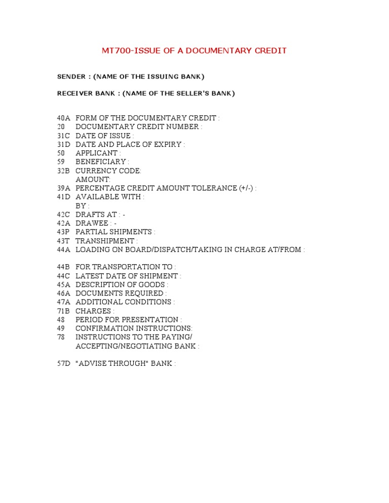 MT700 Documentary Credit Format Guide | PDF | Finance & Money Management