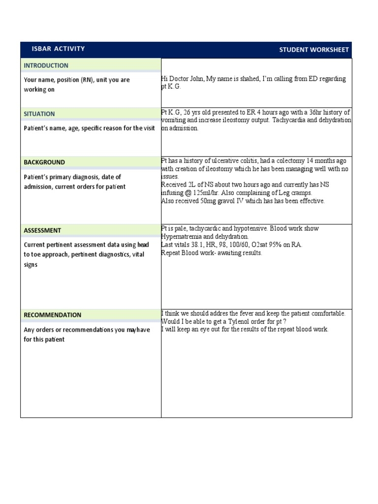Worksheets - Isbar | PDF