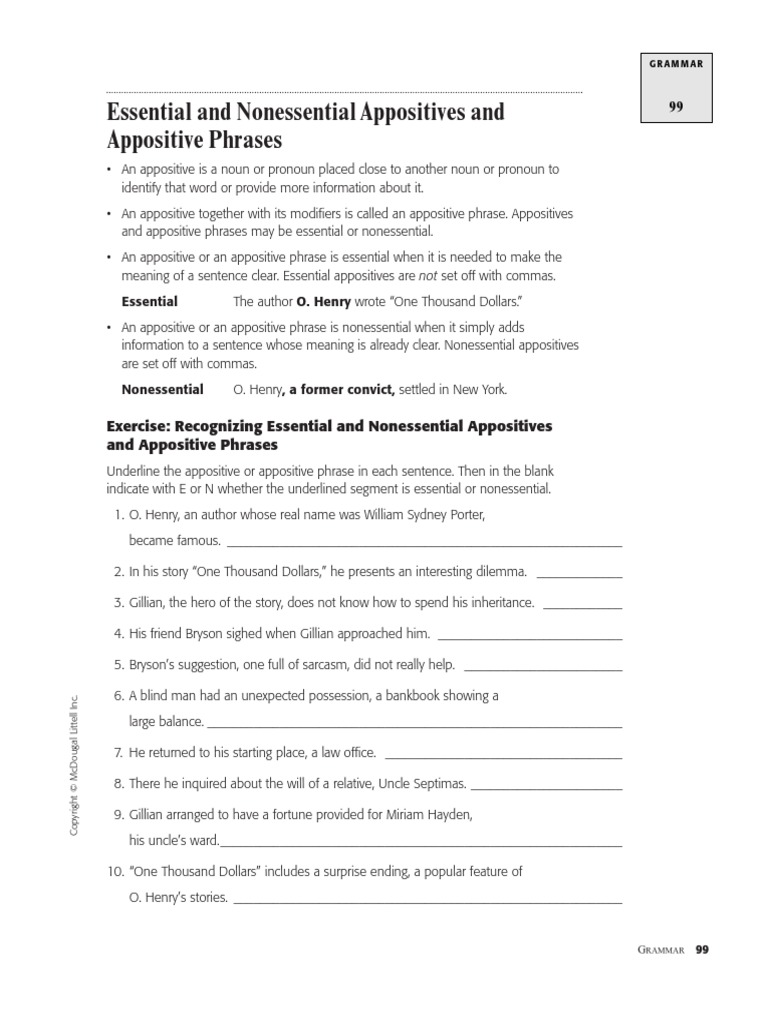 Essential and Nonessential Appositives and 99 Appositive | PDF | Phrase ...
