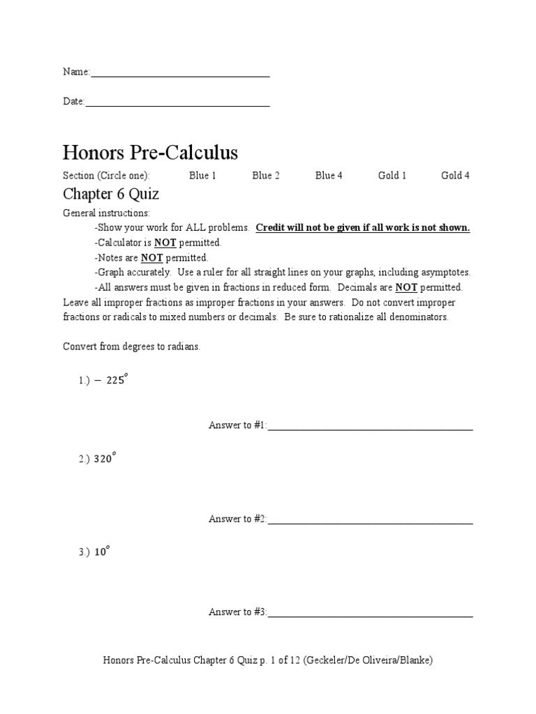 Honors Pre-Calculus: Chapter 6 Quiz | PDF | Mathematics | Mathematical ...