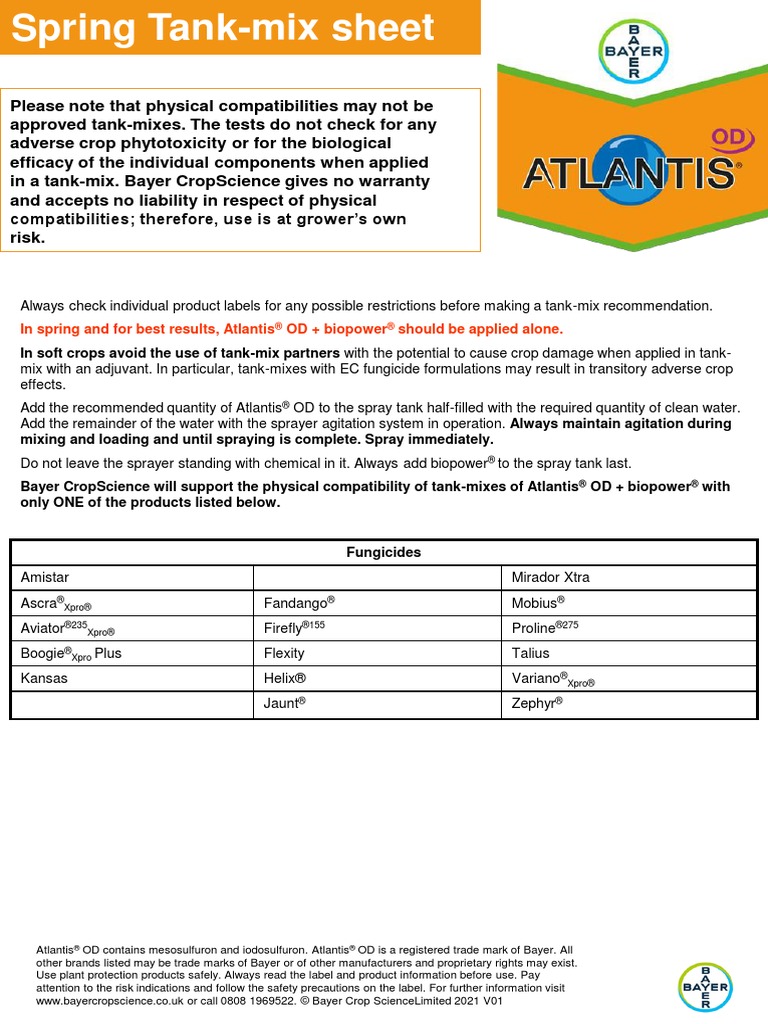 Atlantis Od Spring Tank Mix Sheet 2021 v01 | PDF | Toxicology | Biocides