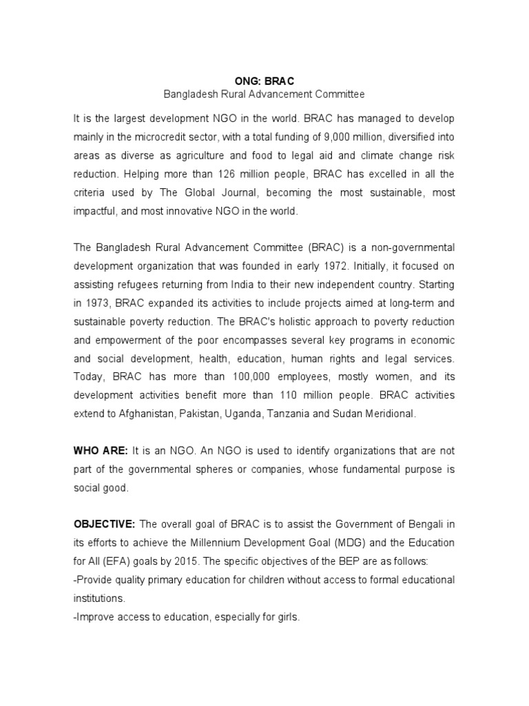 Ong: Brac: Bangladesh Rural Advancement Committee | PDF | Poverty | Poverty & Homelessness