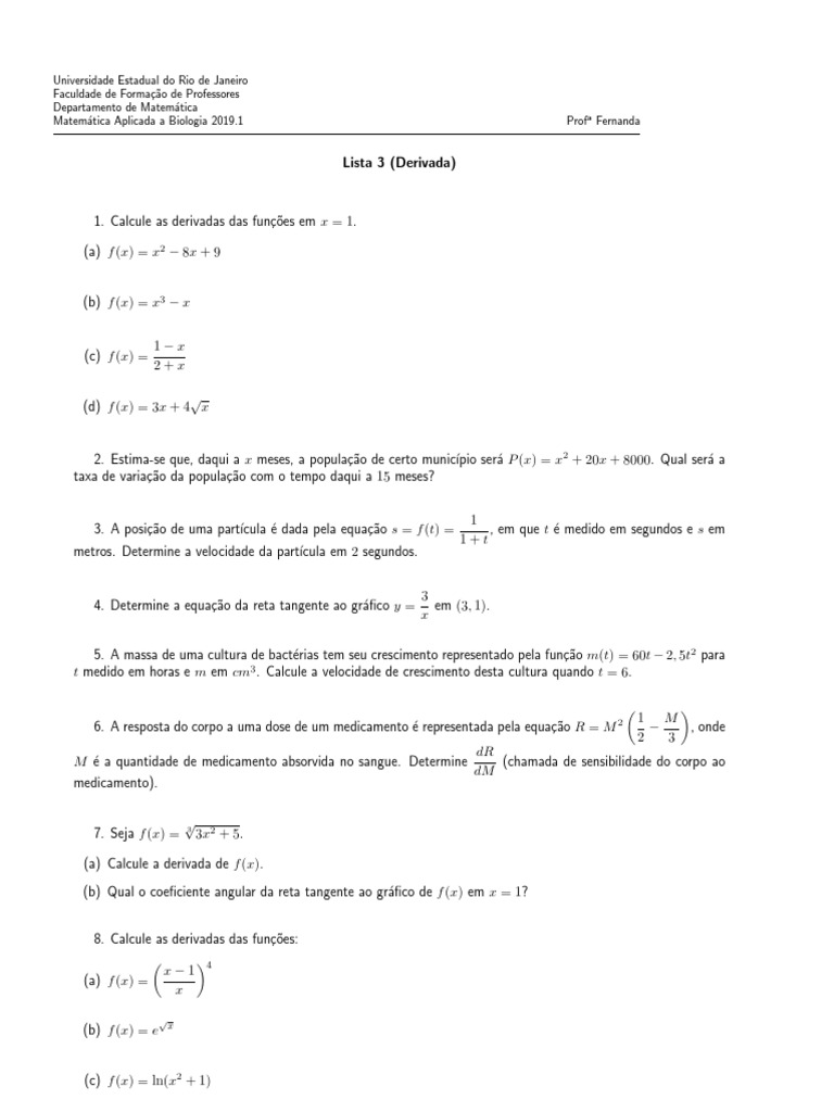 Lista de Exercícios Funções Derivadas | PDF | Derivado | Velocidade