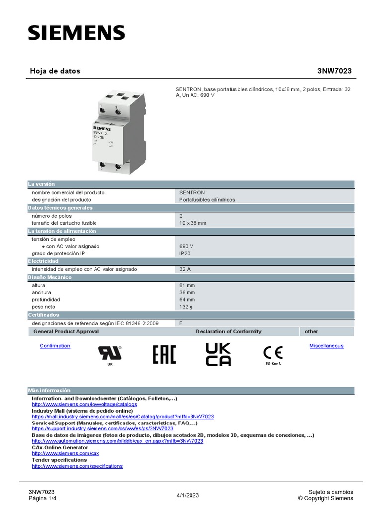 3NW7023 - Datasheet - Es Porta Fusibles Siemens. | PDF | Ingenieria Eléctrica | Electricidad