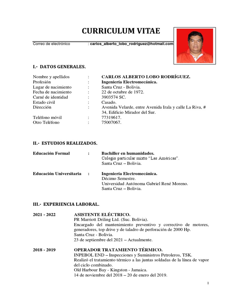 Curriculum Carlos Alberto Lobo Rodriguez Completo | PDF | Bolivia | Ingenieria Eléctrica