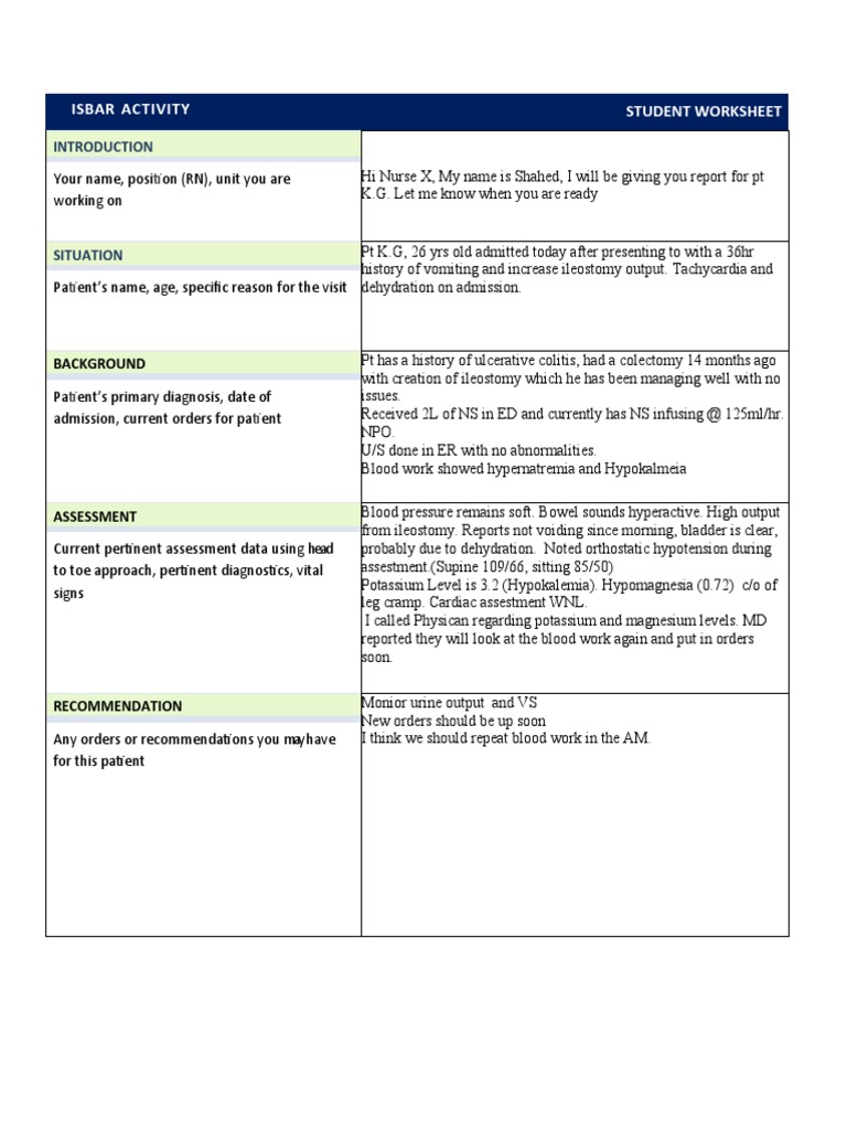 Worksheets - Isbar | PDF