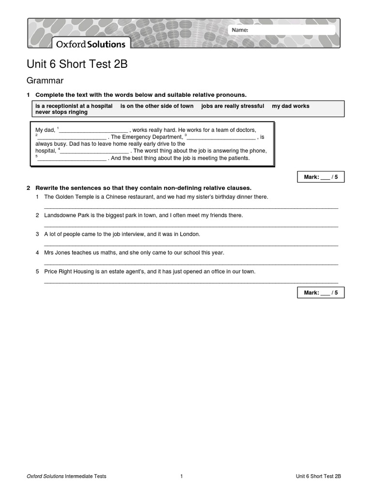 Oxford Solutions Intermediate U6 Short Test 2B | PDF | Linguistic ...