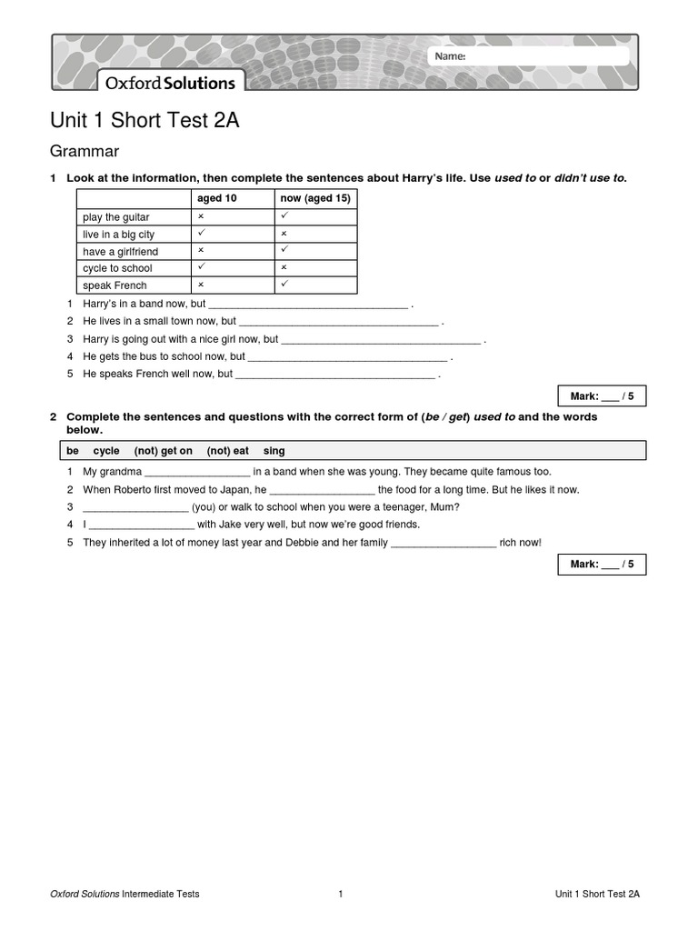 Oxford Solutions Intermediate U1 Short Test 2A | PDF
