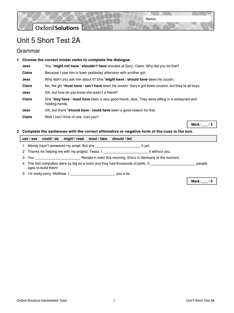 Oxford Solutions Intermediate U5 Short Test 2A | PDF | Grammar ...