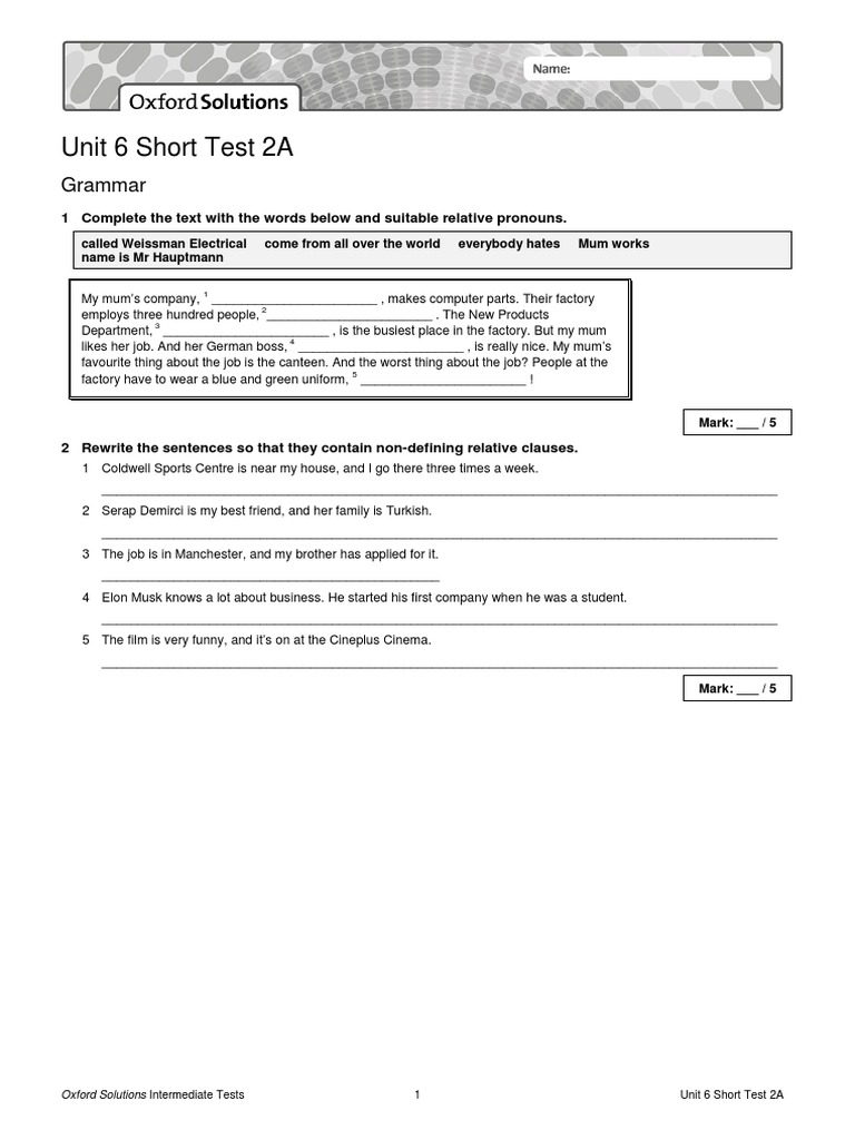Oxford Solutions Intermediate U6 Short Test 2A | PDF | Linguistics ...