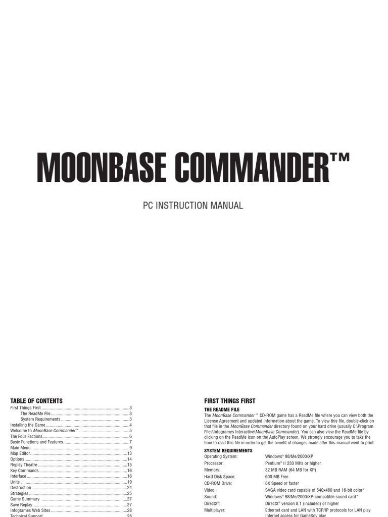 Moonbase Commander: PC Instruction Manual | PDF | Bomb | Technical Support