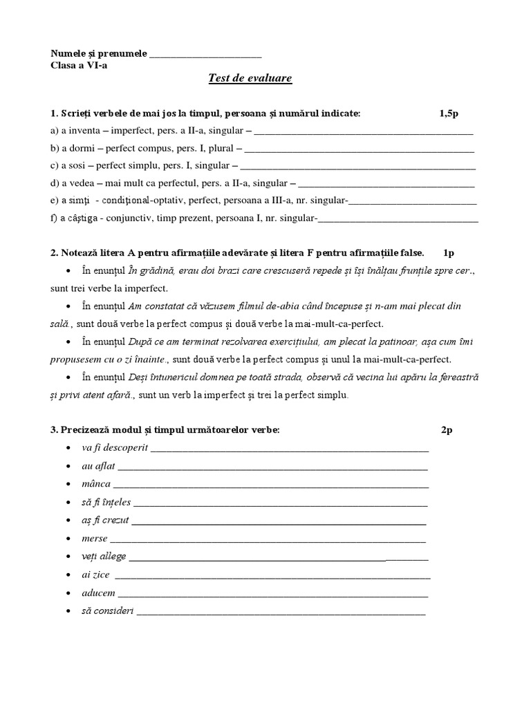 Test Verb Clasa 6 | PDF