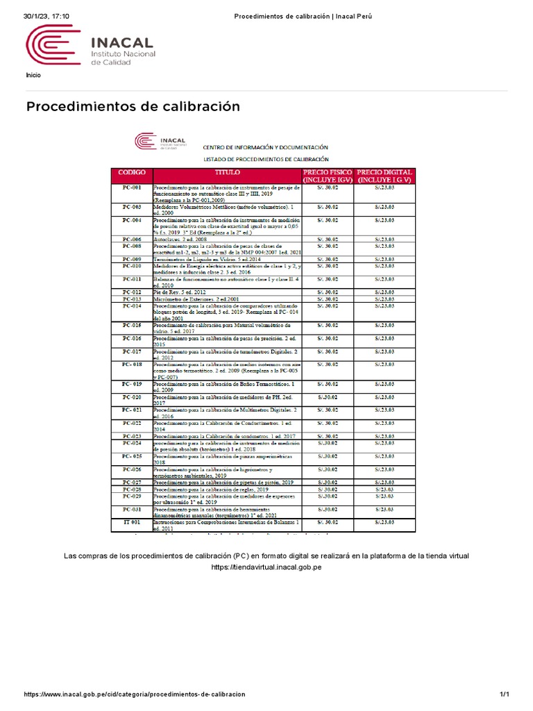 Procedimientos de Calibración - Inacal Perú | PDF