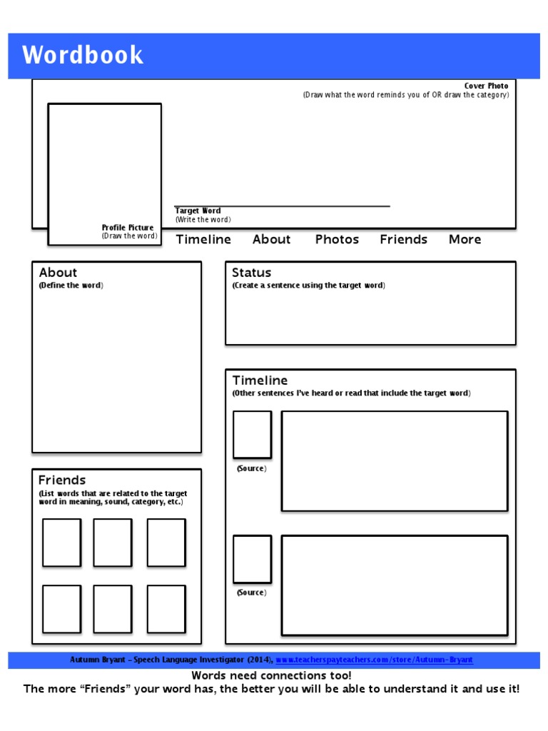 Wordbook Facebook Style Word Web Graphic Organizer With 100 Consumer