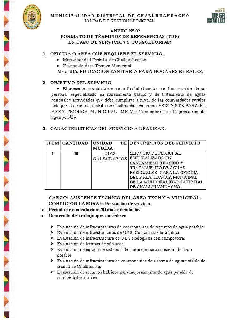 TDR ASISTENTE Tecnico | PDF | Agua | Saneamiento