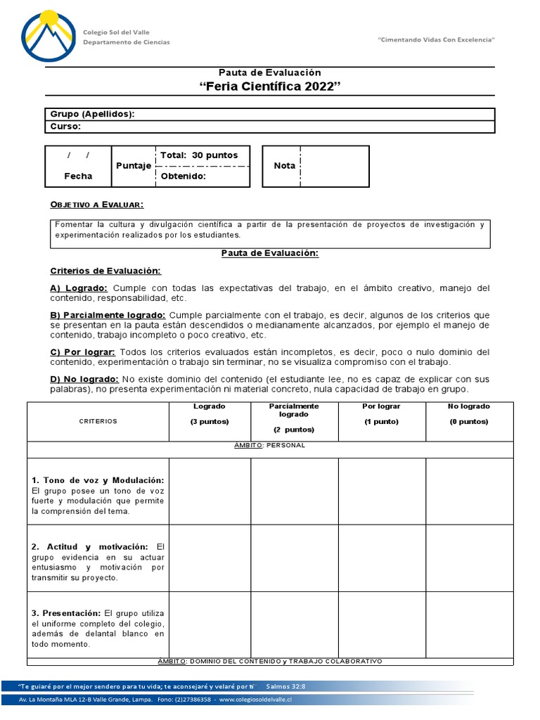 Pauta de Evaluación Feria Científica 2022 | PDF | Ciencia cognitiva ... Pauta de Evaluación Feria Científica 2022 | PDF | Ciencia cognitiva ...