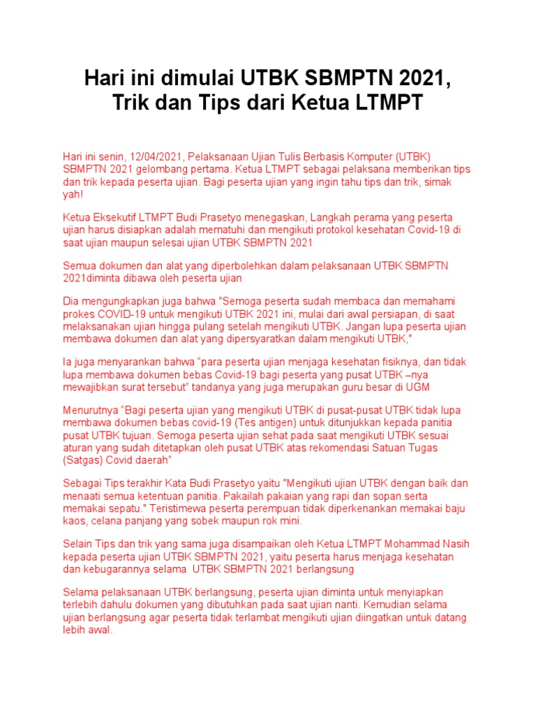 Besok UTBK SBMPTN 2021 Dimulai | PDF