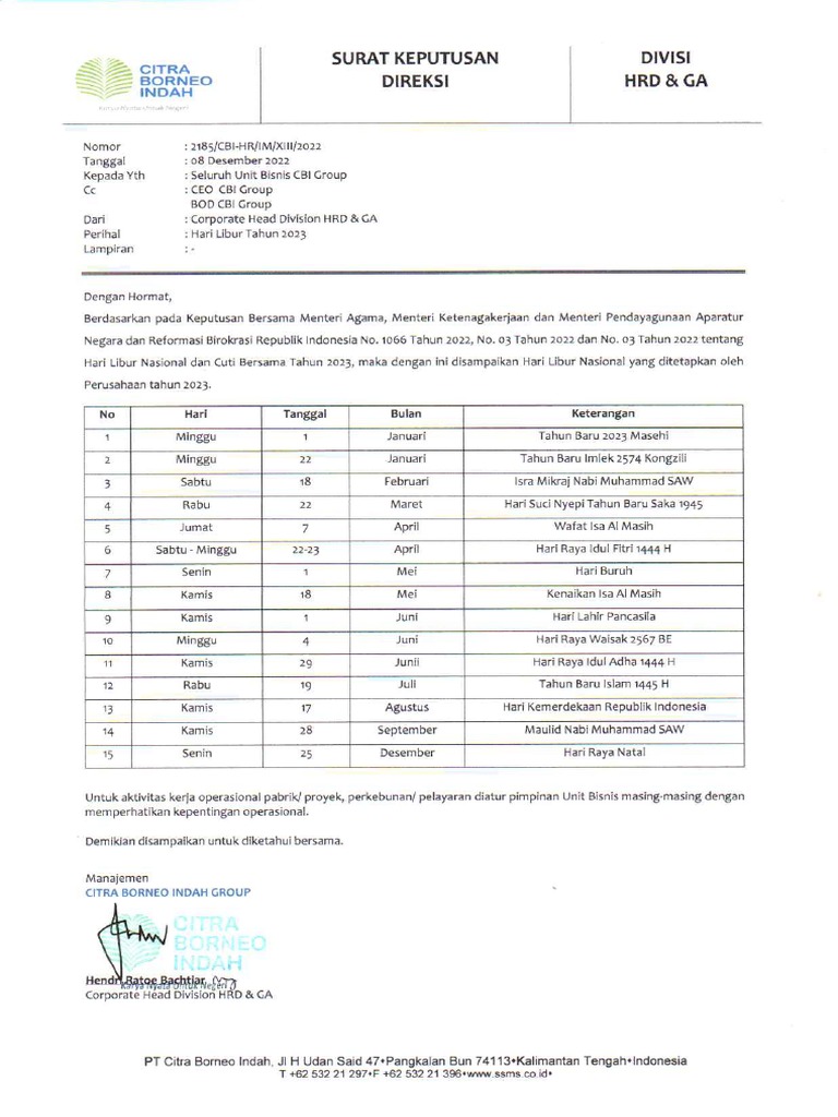 SK Direksi Libur Tahun 2023 CBI | PDF