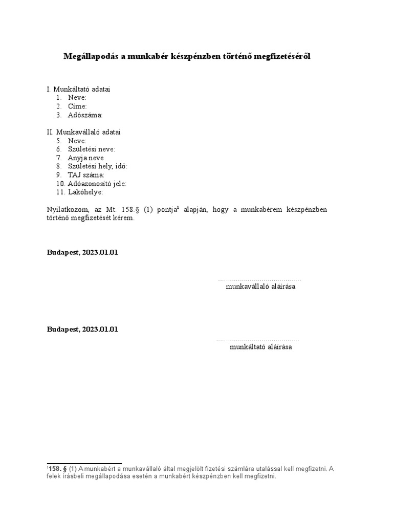 Sablon Megallapodas A Munkaber Keszpenzben Torteno Megfizeteserol | PDF