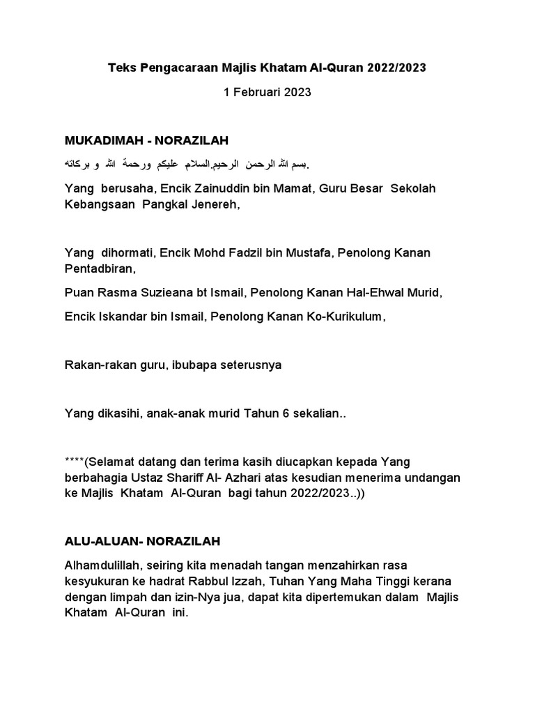 Teks Juruacara Majlis Khatam Quran | PDF