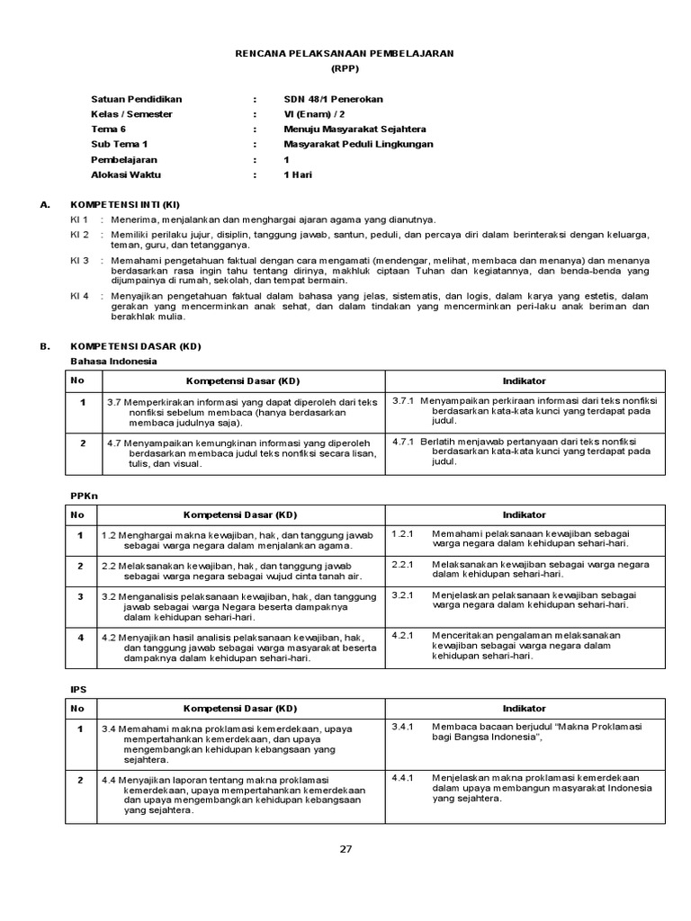 RPP Kelas 6 Tema 6 ST 1 | PDF
