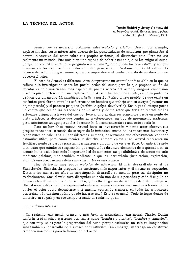 Análisis de los métodos de actuación de Brecht, Artaud, Stanislavski y ...