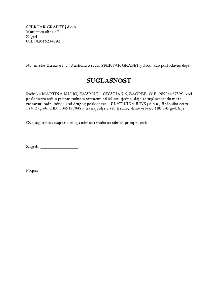 Suglasnost Poslodavca Slatinica | PDF