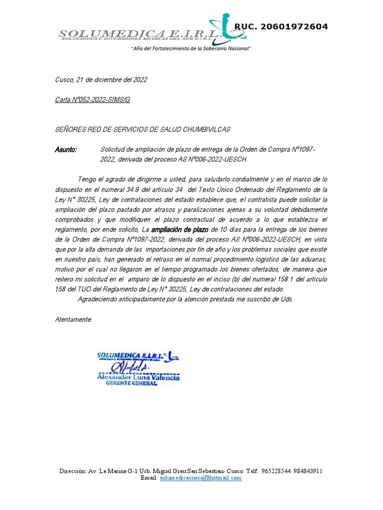 Carta de Ampliacion de Plazo de Entrega | PDF
