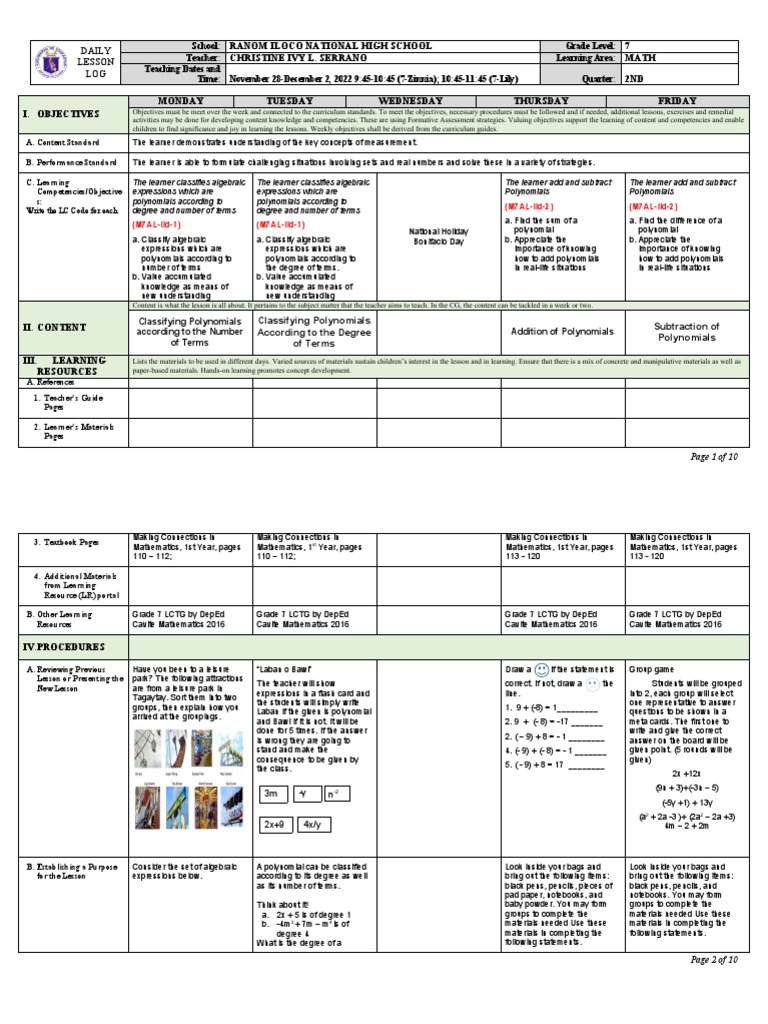 Classifying Polynomial Expressions: A Weekly Lesson Plan for Teaching Algebraic Expressions to ...