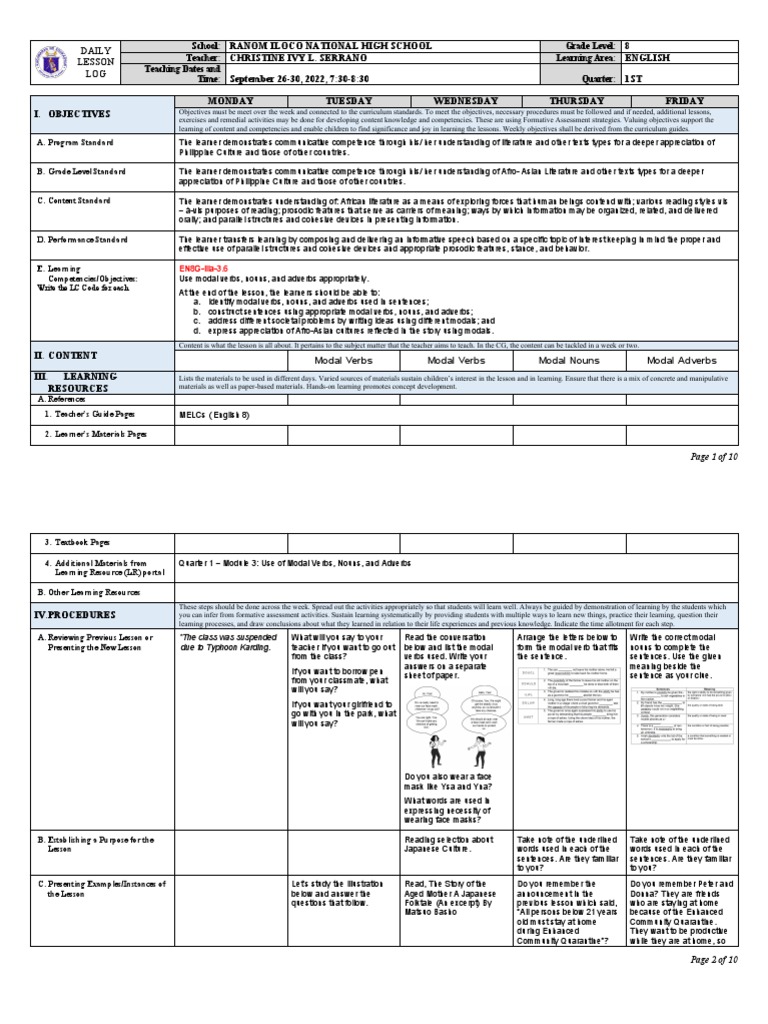 Grade 8 English DLL: Quarter 1 Overview | PDF | Adverb | Verb